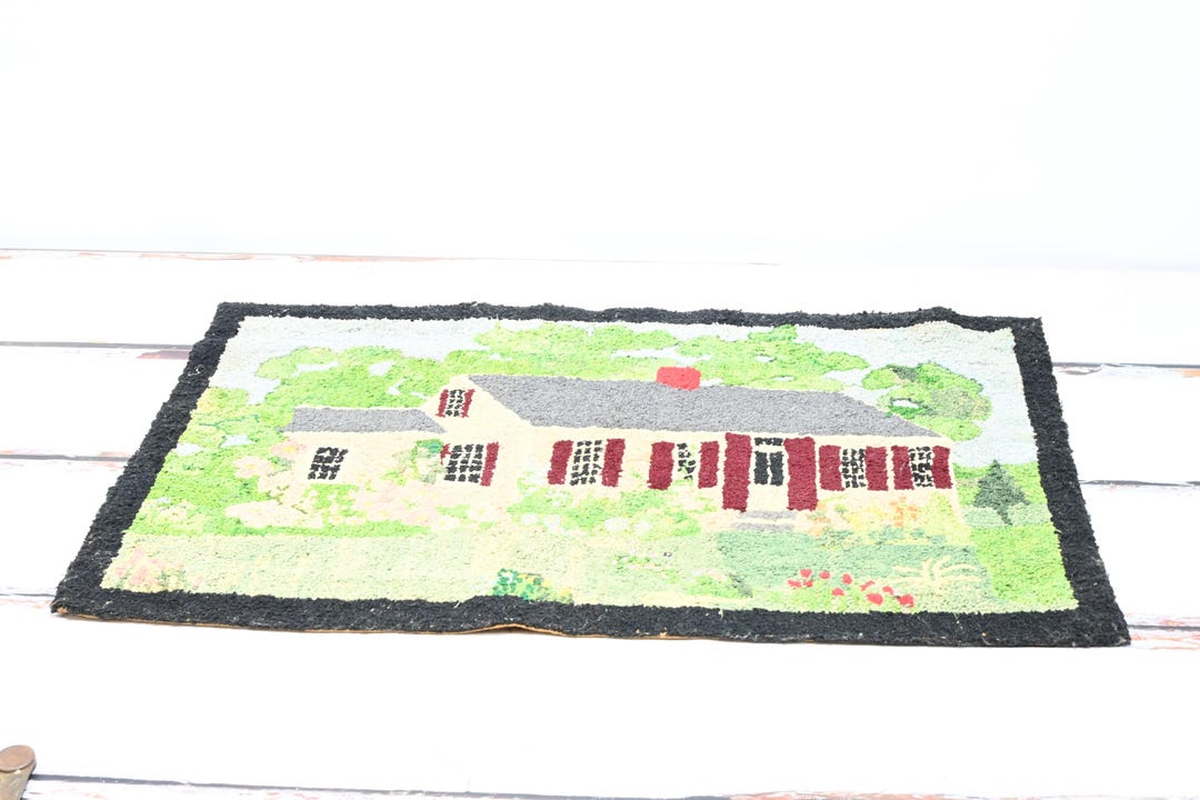 Antique American Handmade Hooked Rag Rug on Burlap Primitive Folk Art ...