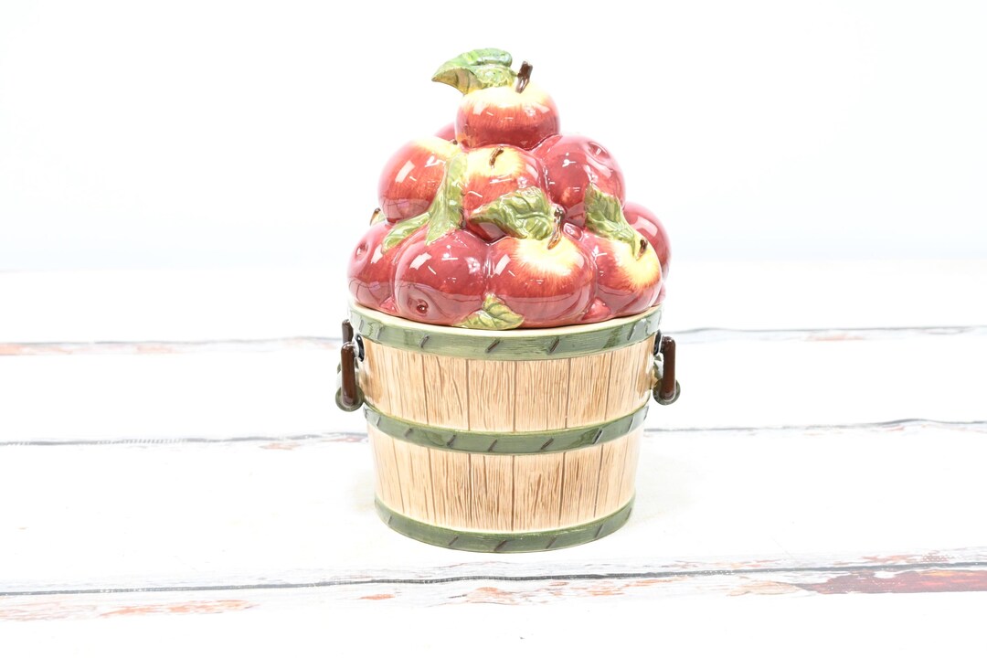 Vintage . Ceramic Apple Basket Cookie Jar Brown Green Bushel Basket 10 ...