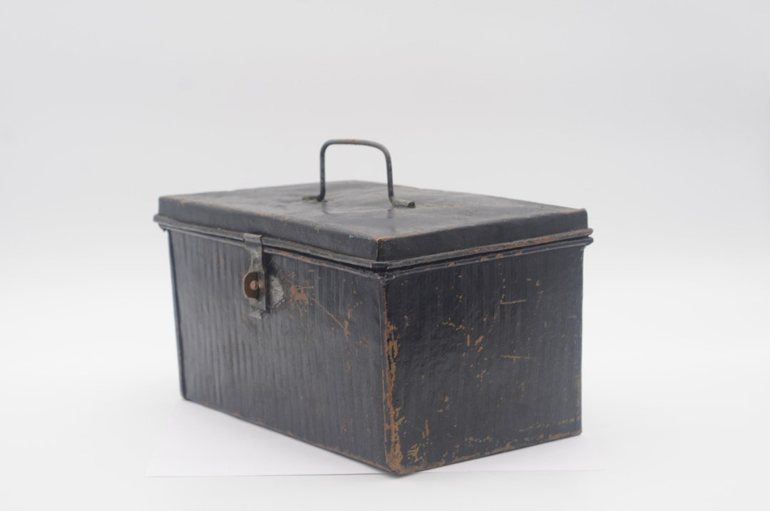 Antique . Lockable Tin Deed Box Lock Box Document Box Cash Box Utility ...