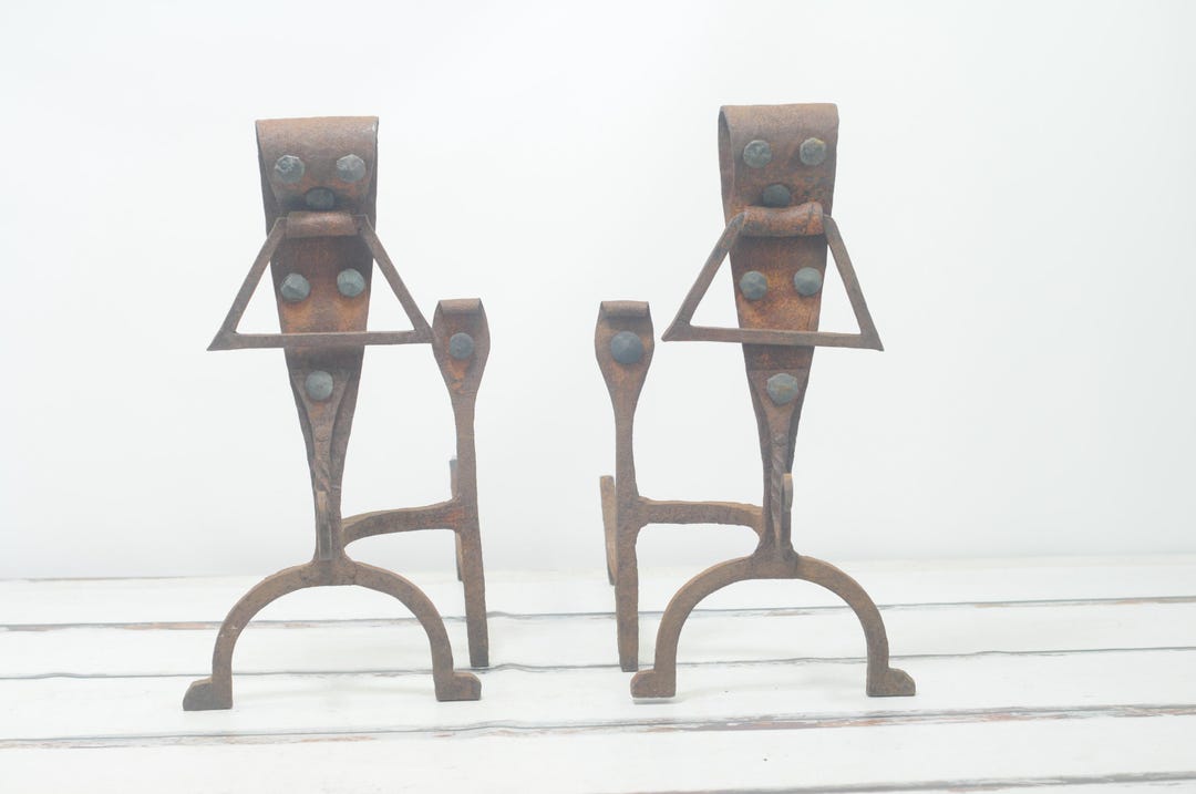 Antique ./ Vintage Forged Arts and Crafts Era Wrought Iron Fire Dogs ...