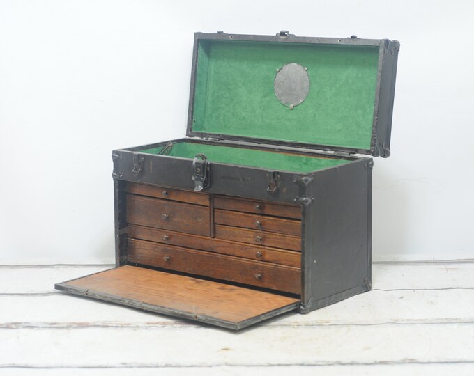 Antique . Metal Wrapped Oak Wood Machinist Box 7 Drawer Tool Box ...