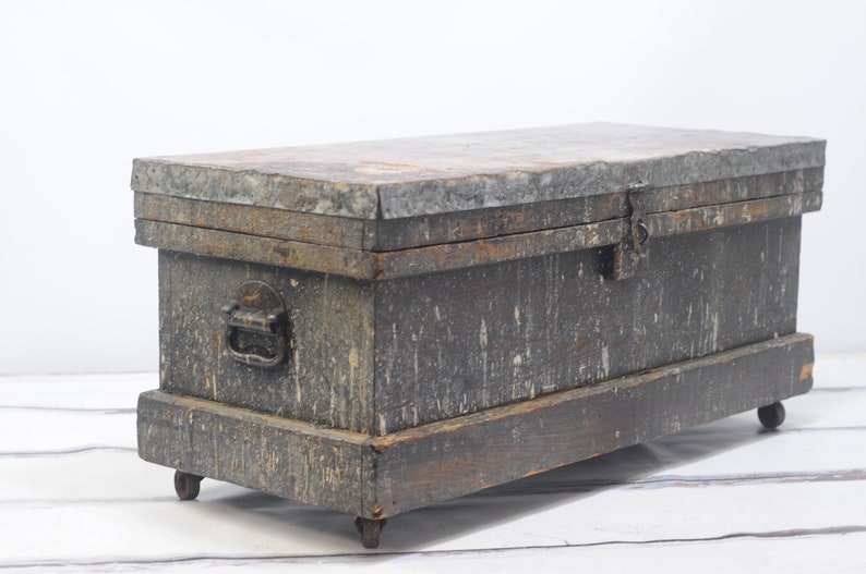 Antique . Hand Made Trunk, Wood Carpenters Chest Lid Covered in Metal ...