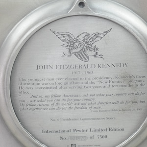 Vintage . Commemorative Presidential Plate JFK John Fitzgerald Kennedy ...