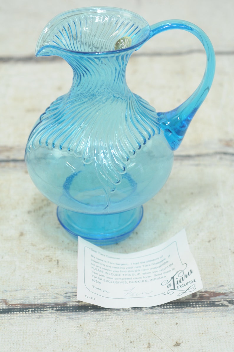 Vintage . Tiara Indiana Glass Horizon Blue Footed Hurricane Pitcher ...