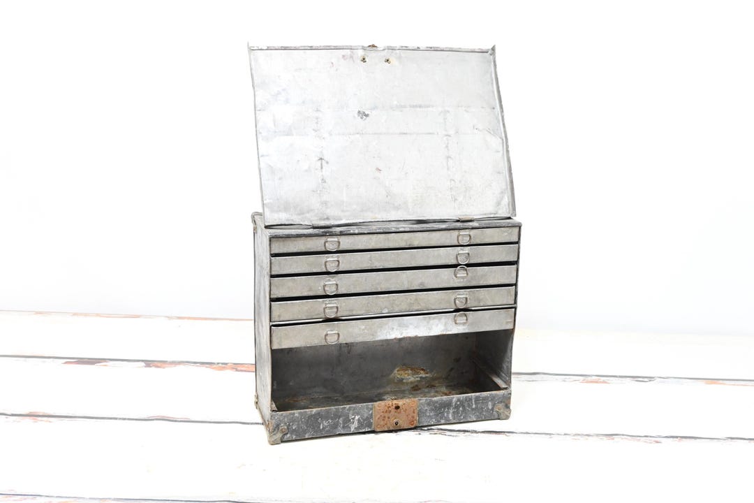 Antique Metal Case Flat Parts Tool Drawers Metal 5 Drawer Cabinet Chest ...