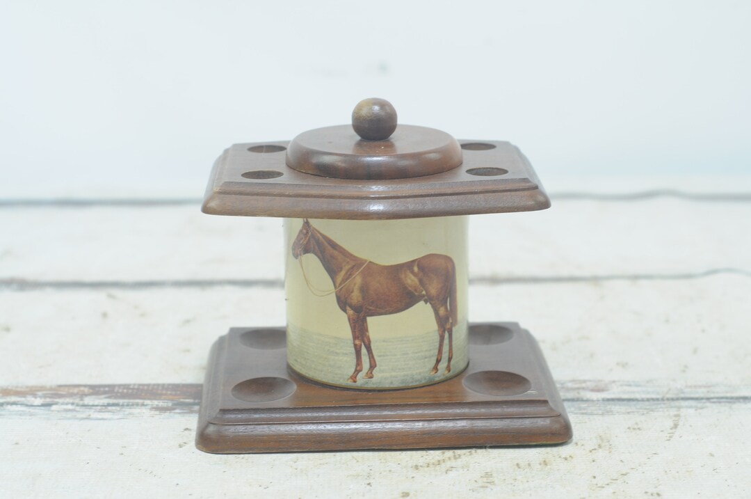 Vintage DUN-RITE 4 Slot Wood Pipe Rack With A Horse Image on the ...