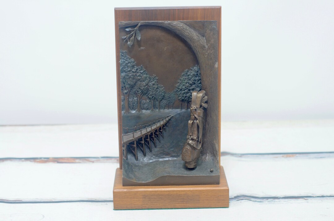 Vintage Bronze Relief Golf Bag Golf Course on Wood Bookend, Door Stop ...