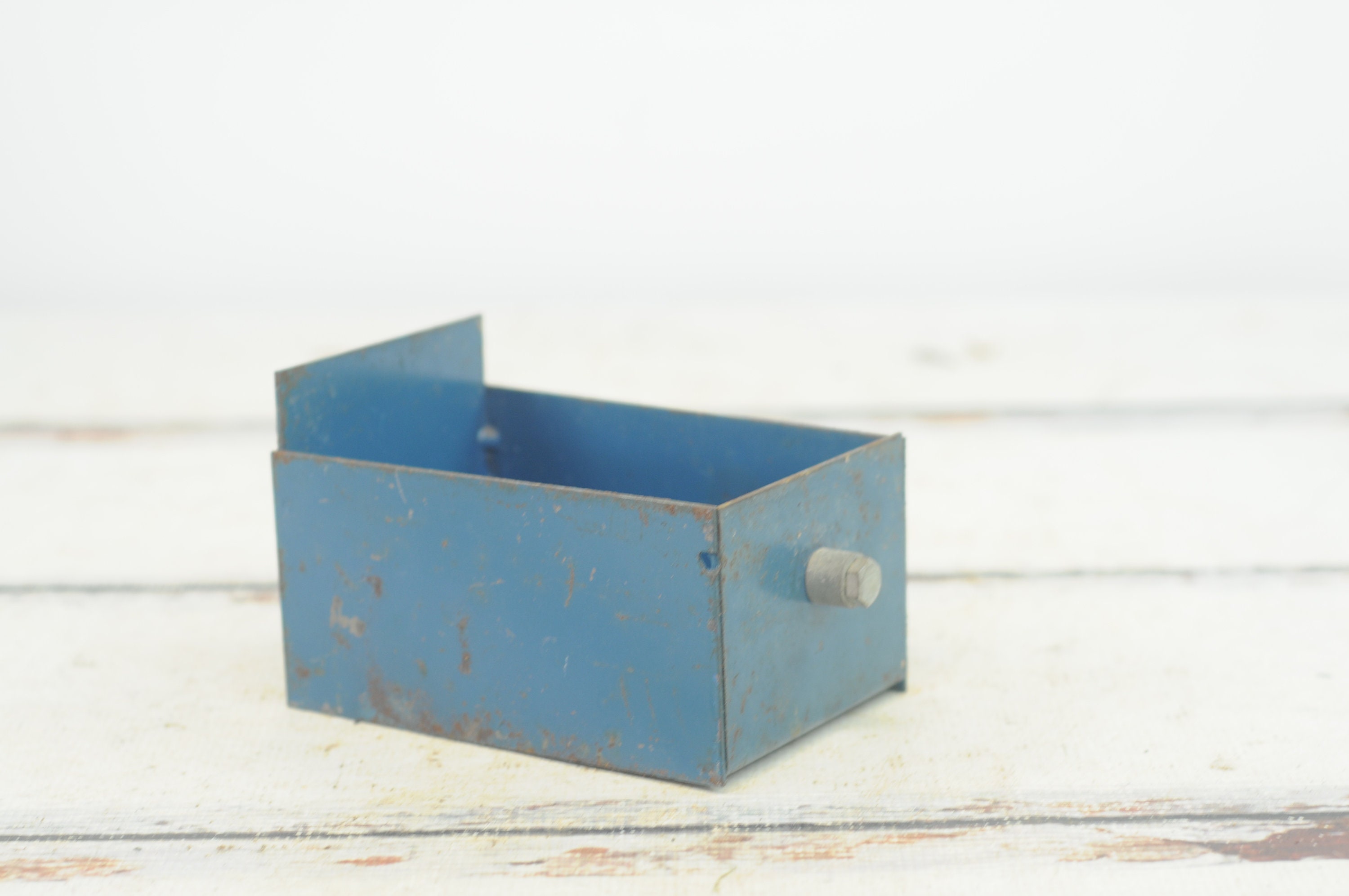 Vintage Blue Steel Metal Box Industrial Drawer Industrial Parts Bin ...