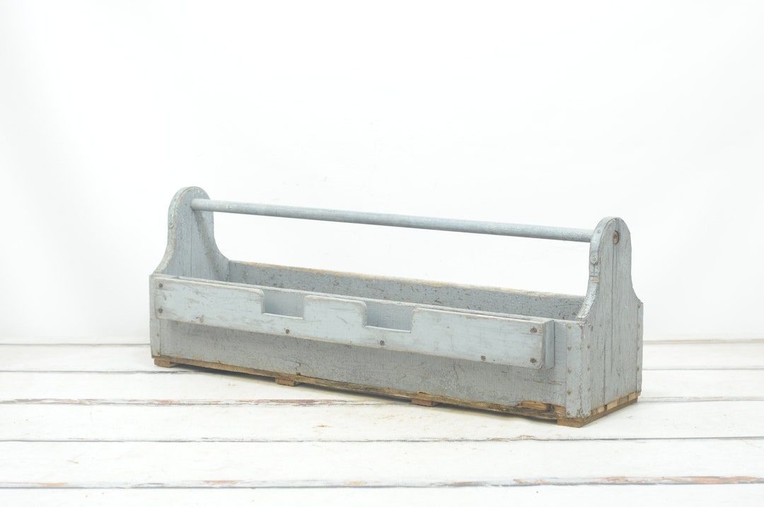 Large . Vintage Blue Wood Tool Box Wood Handmade Vintage Wood Tool Tote ...