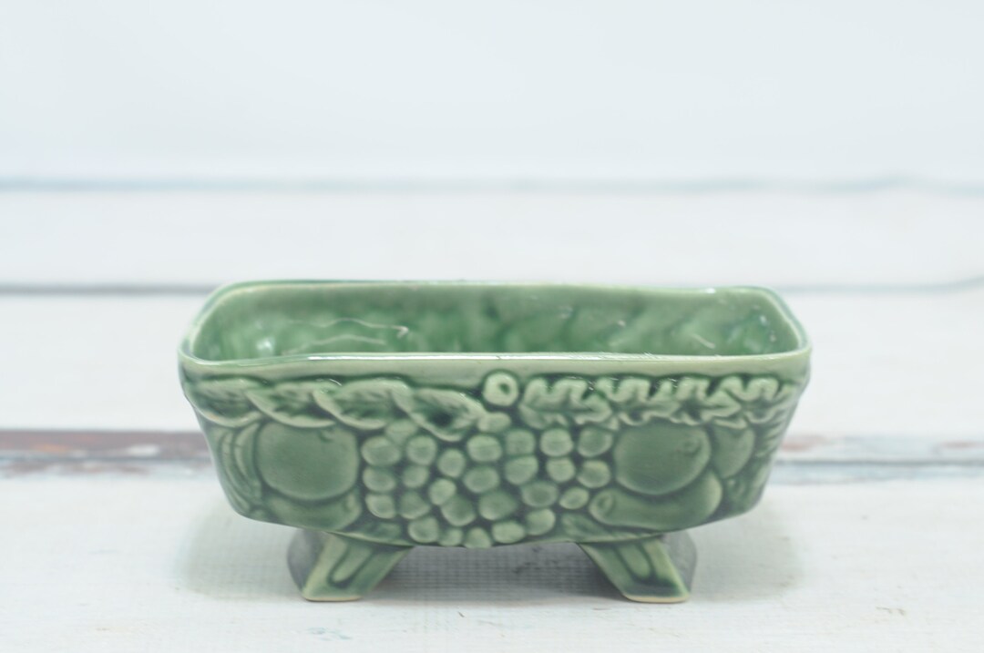 Vintage . Green Pottery Footed Planter Flower Pot With Embossed Fruit ...