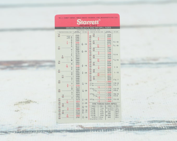 Vintage Starrett Tools Decimal Equivalents and Tap Drill Sizes Pocket ...