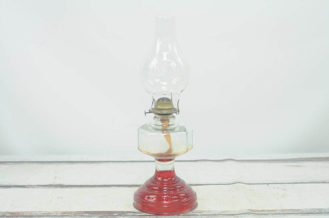 Vintage . Red Glass Base Oil Lantern Oil Lamp 18.5" Kerosene Lantern ...