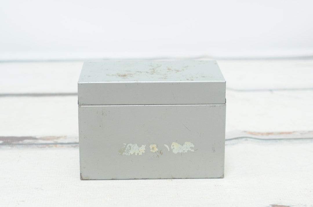 Vintage Gray Metal Recipe Box Hinged Lid File Index Card Box 6x4 Index ...