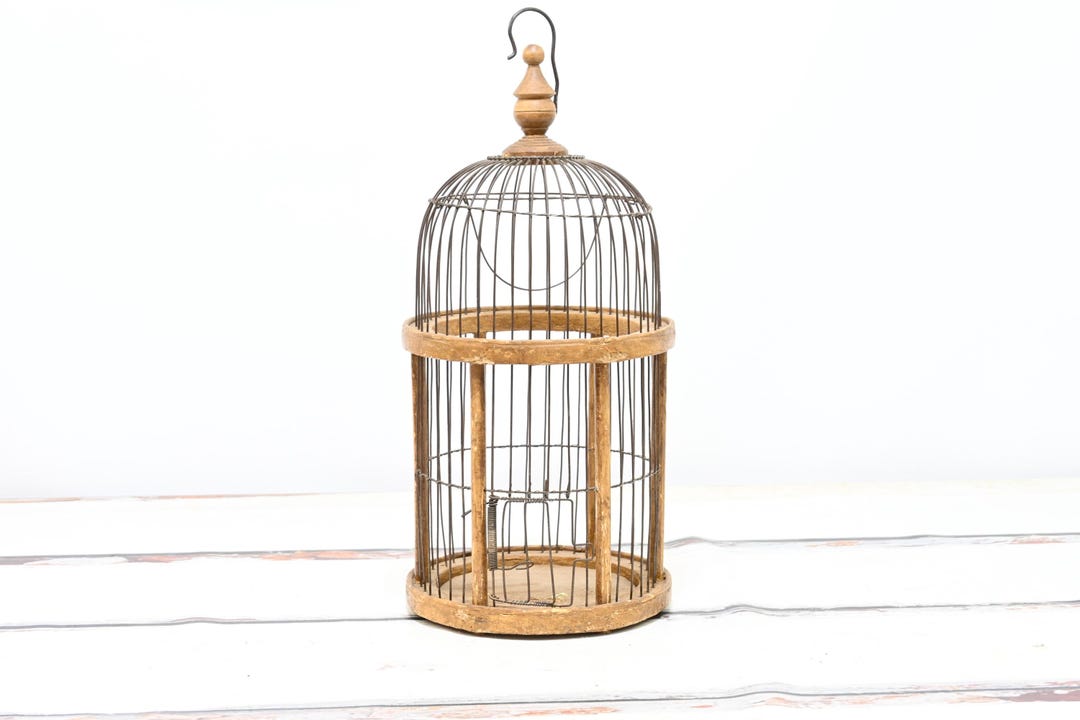 Vintage . Wood and Wire Bird Cage Round Bird Cage Canary Miners Type ...