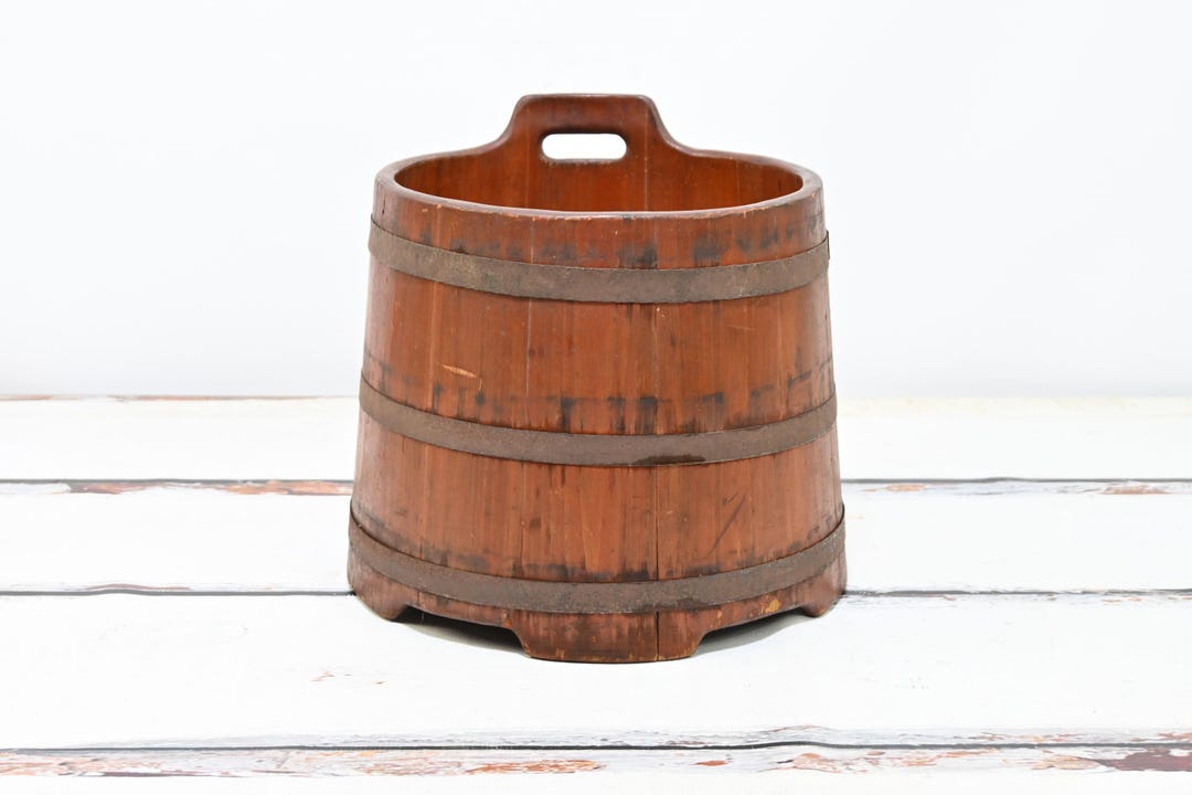 Vintage/antique Primitive Wood Piggin Wooden Slat Bucket Wood Handle ...