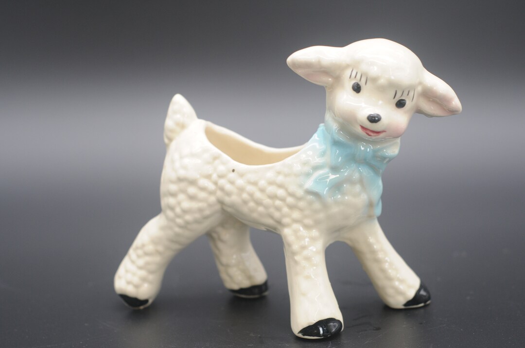 Planter . Vintage Lamb Planter Pottery Planter With Blue Bow Retro ...