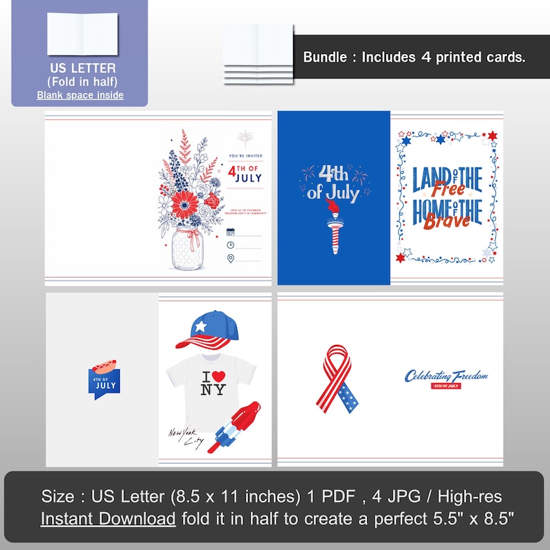 4th of July Patriotic Cards Bundle | US Letter Foldable Greeting Cards ...