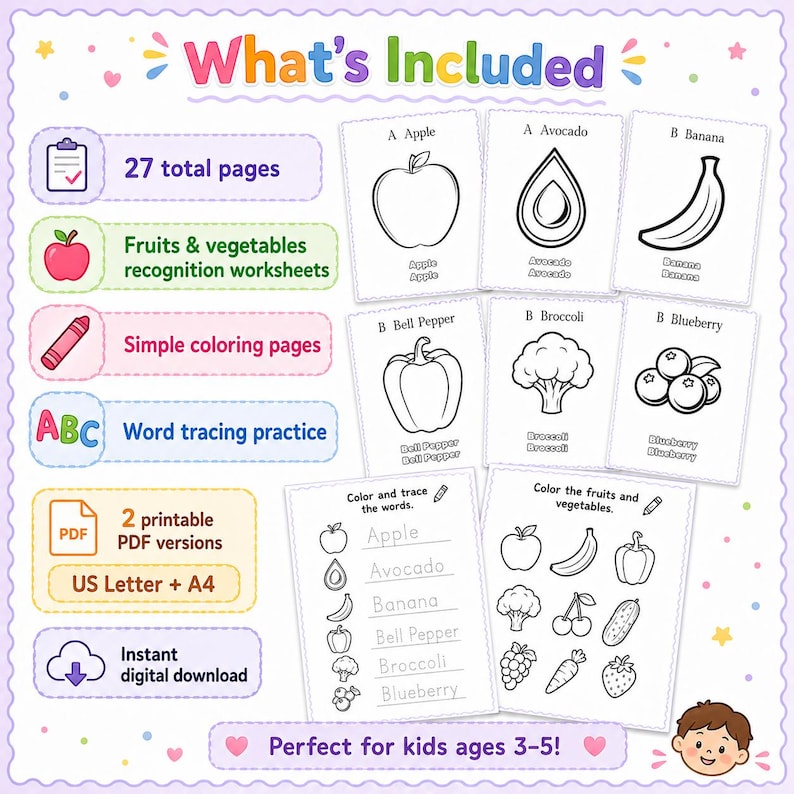Fruits Vegetables Recognition Worksheets, Children's Picture Book ...