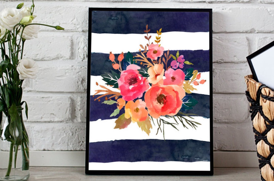 Pink Flowers Navy Stripes Watercolor Florals Flower Bouquet Navy ...