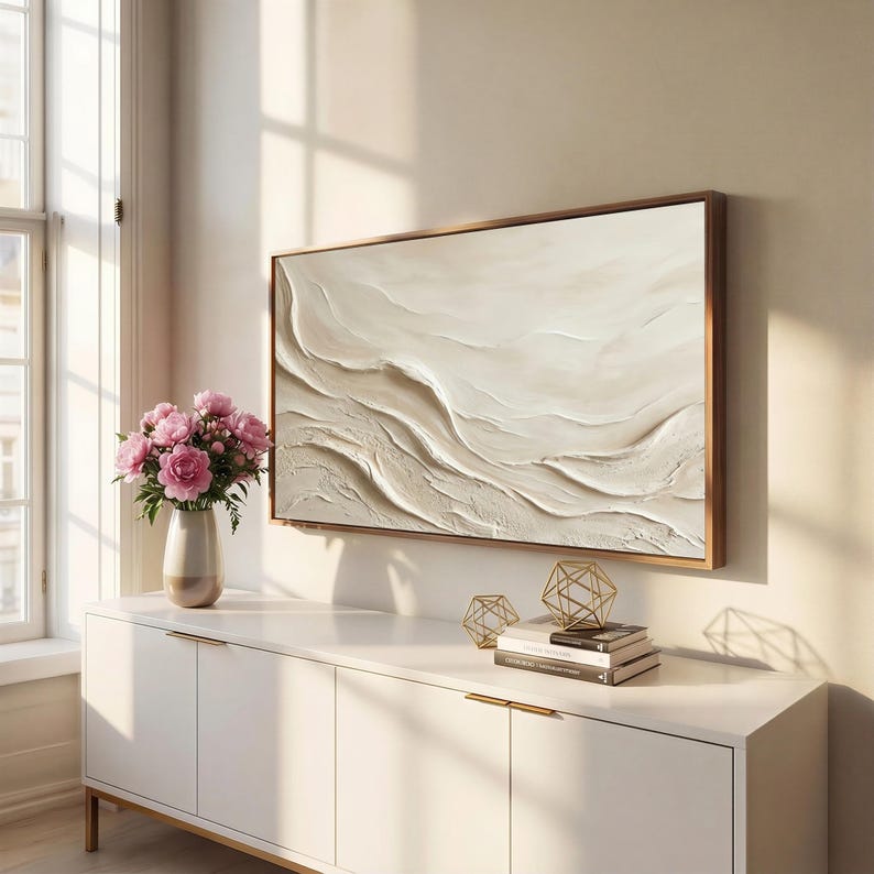 Extra Wide Neutral Relief Look Wall Art, Minimal Horizon Canvas ...