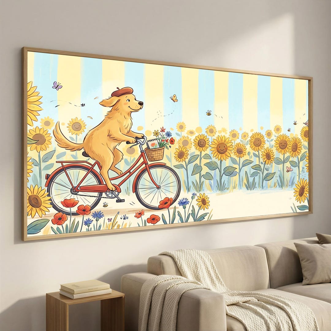 Bicycle Dog Art Canvas, Cheerful Golden Puppy in Sunflower Garden ...