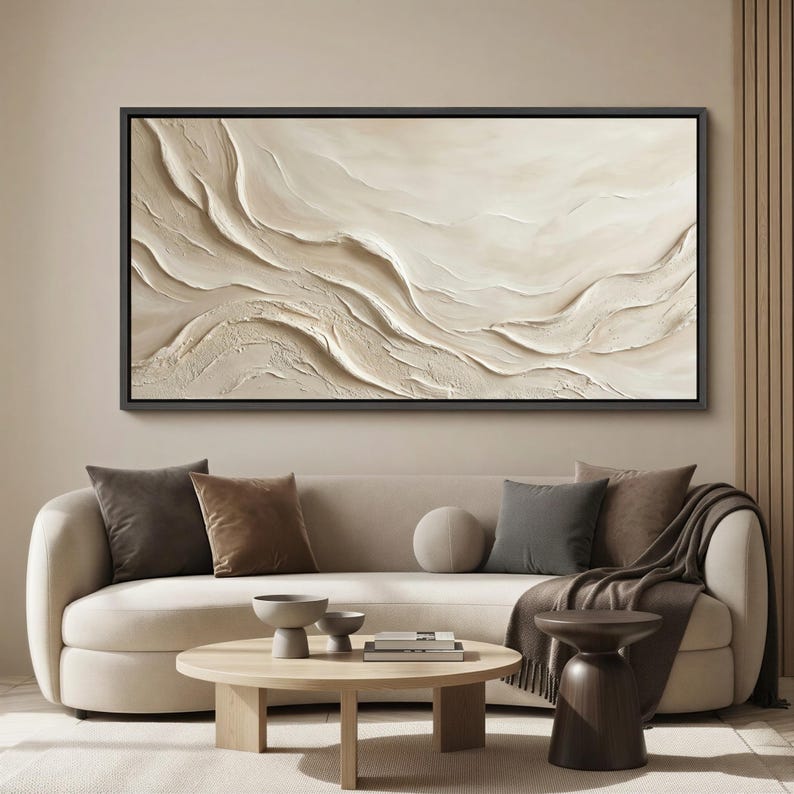 Extra Wide Neutral Relief Look Wall Art, Minimal Horizon Canvas ...