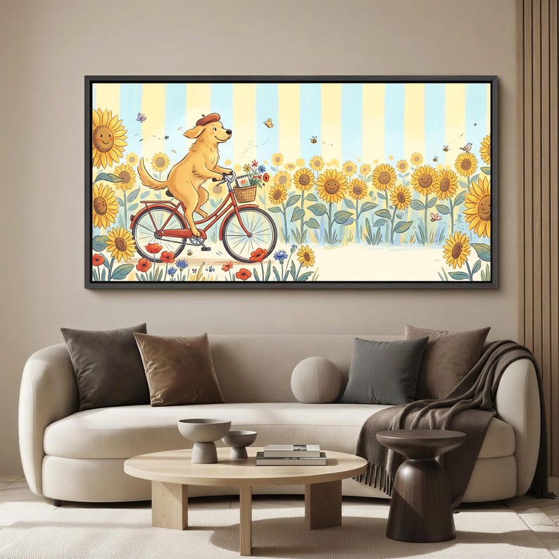 Bicycle Dog Art Canvas, Cheerful Golden Puppy in Sunflower Garden ...