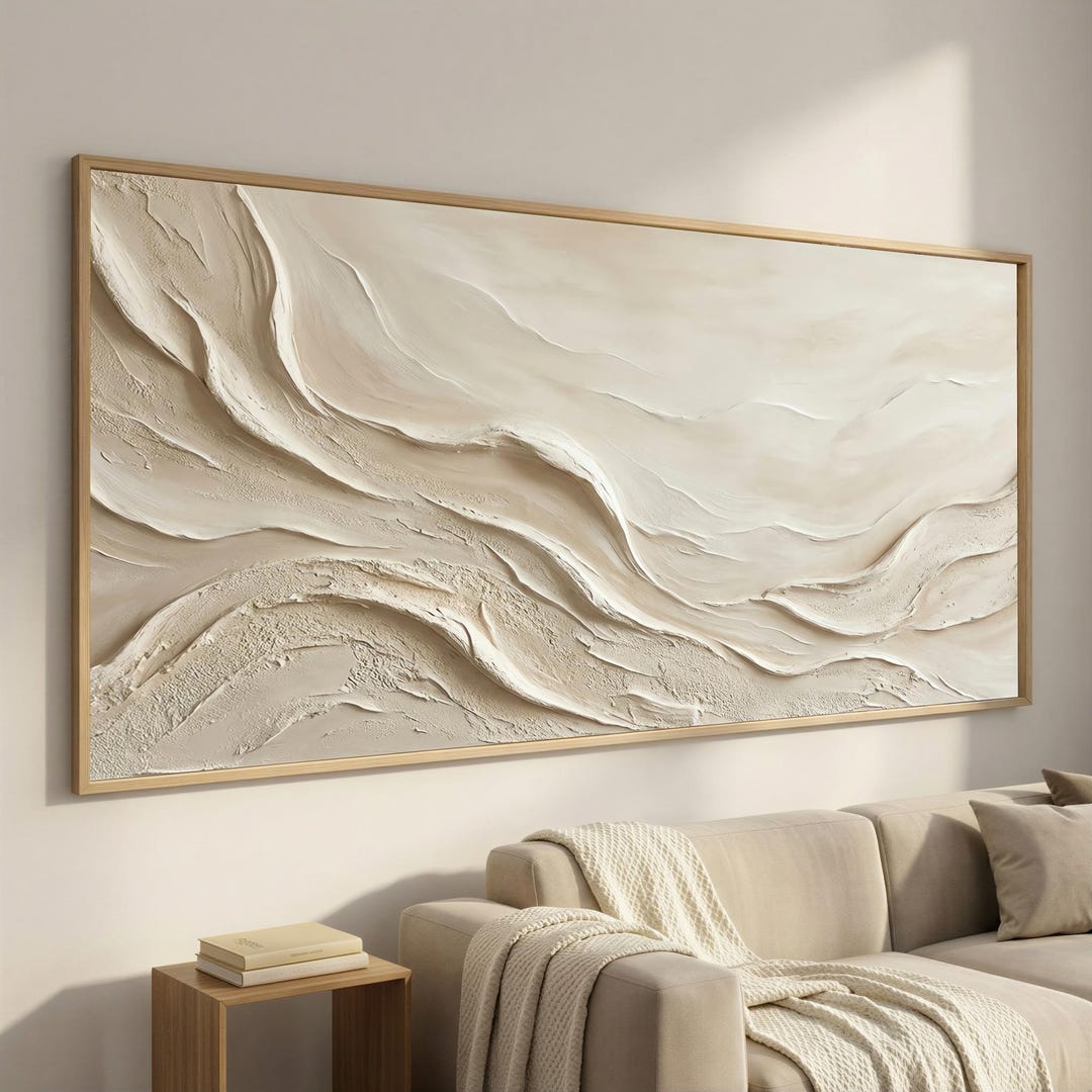 Extra Wide Neutral Relief Look Wall Art, Minimal Horizon Canvas ...