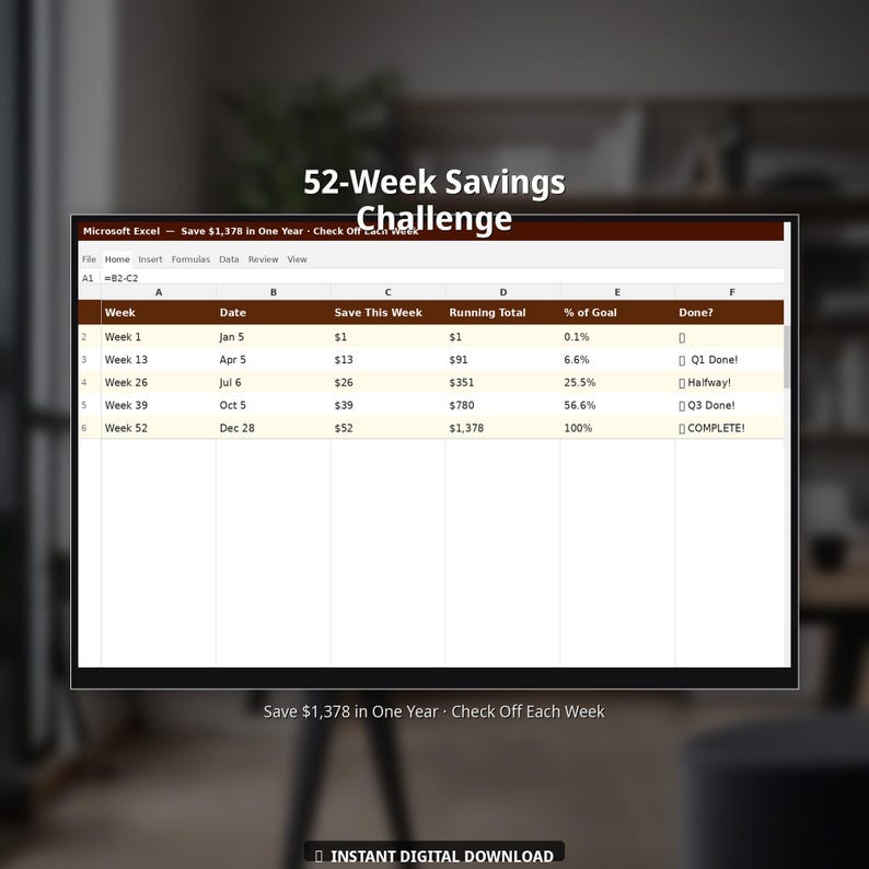 52-week Savings Challenge Tracker | Excel, Google Sheets (digital ...