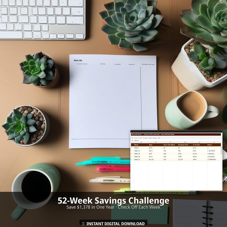 52-week Savings Challenge Tracker | Excel, Google Sheets (digital ...