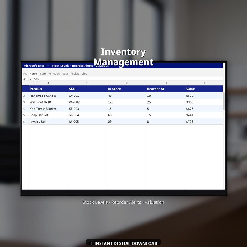 Inventory Management Spreadsheet | Stock Tracker, Reorder Alerts (excel ...