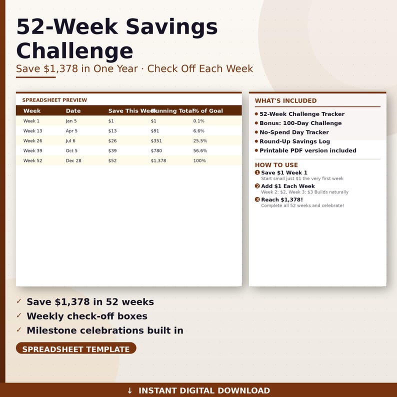 52-week Savings Challenge Tracker | Excel, Google Sheets (digital ...