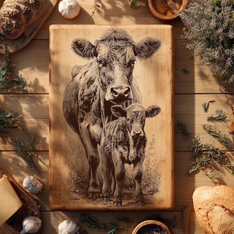 Gravure de vache et de veau PNG — Conception réaliste d'animaux de ...