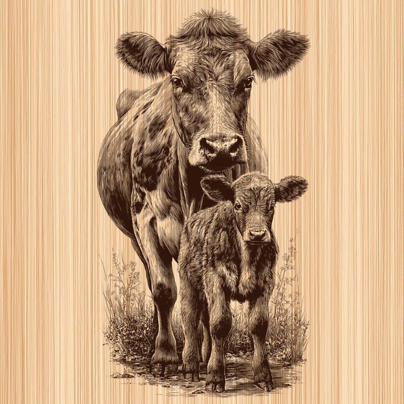 Gravure de vache et de veau PNG — Conception réaliste d'animaux de ...
