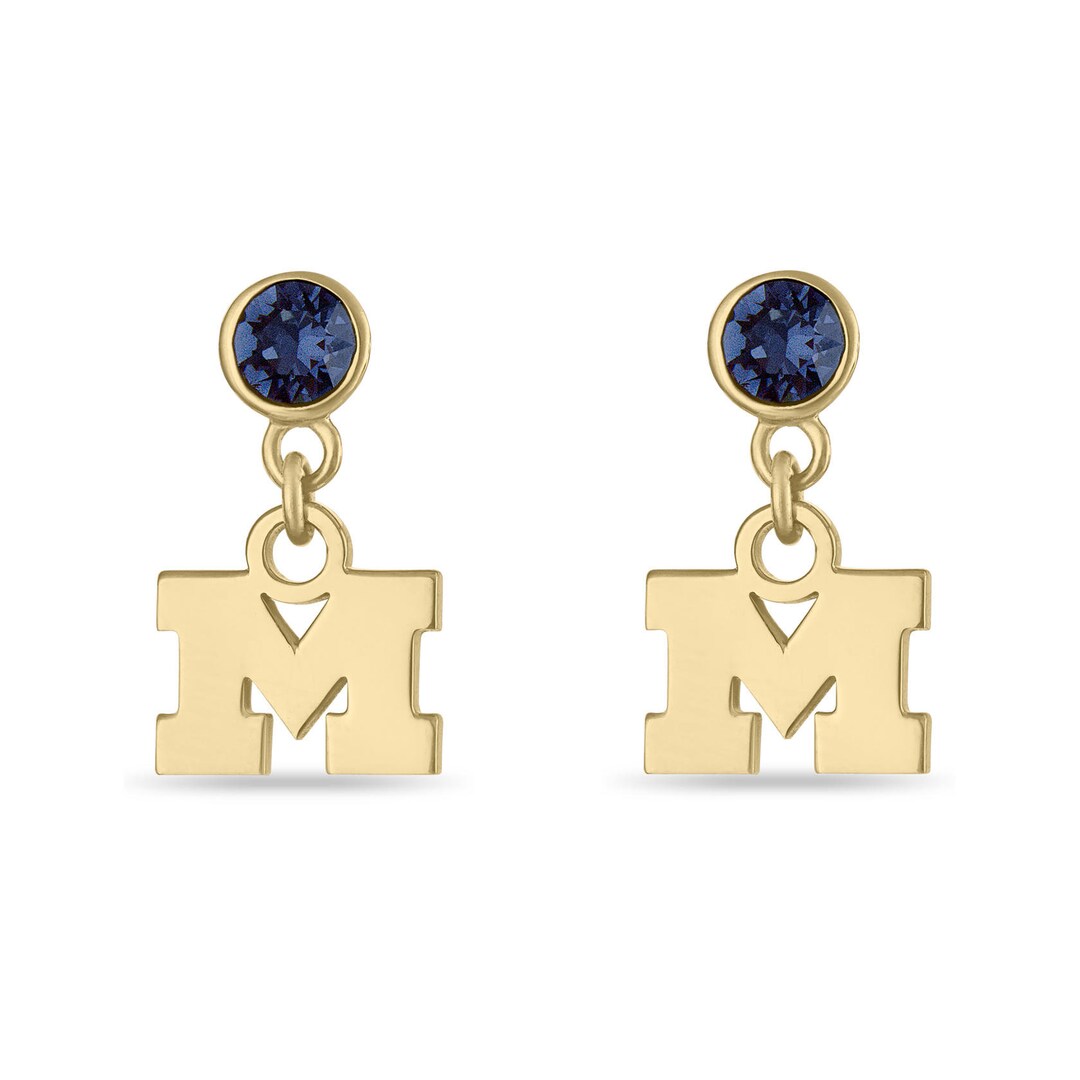 Stone Armory Michigan Gold Plated Block M Crystal Drop Earrings ...
