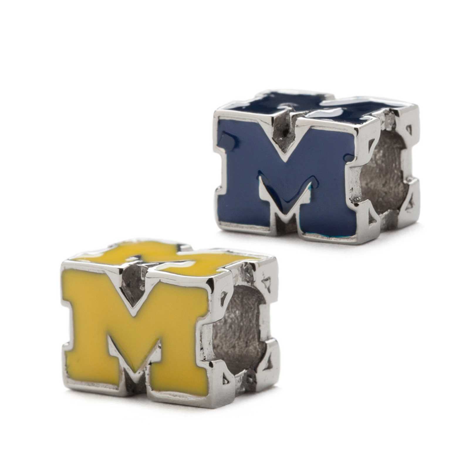 Maize and Blue Block M Bead Charm Set - Set of Two - Stainless Steel ...