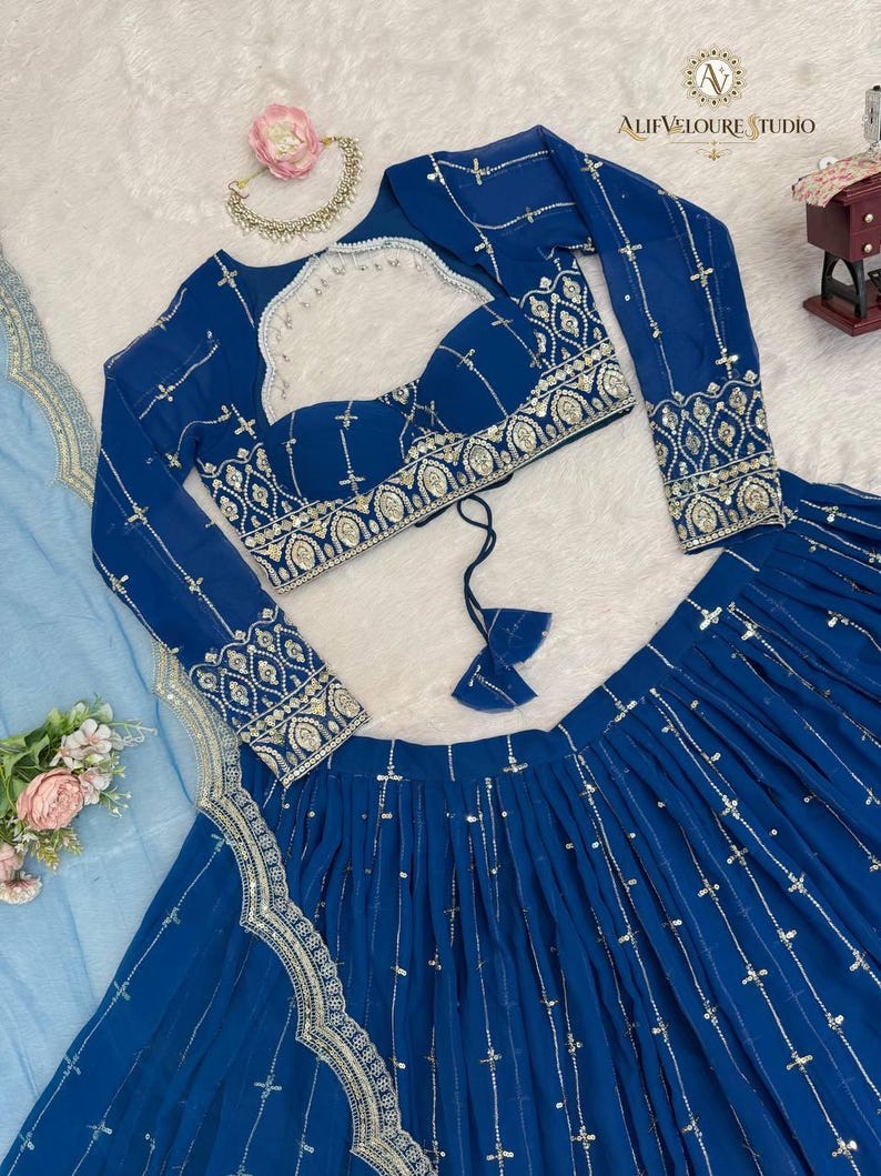 Royal Blue Embroidered Lehenga Choli: Indian Wedding Reception Party ...