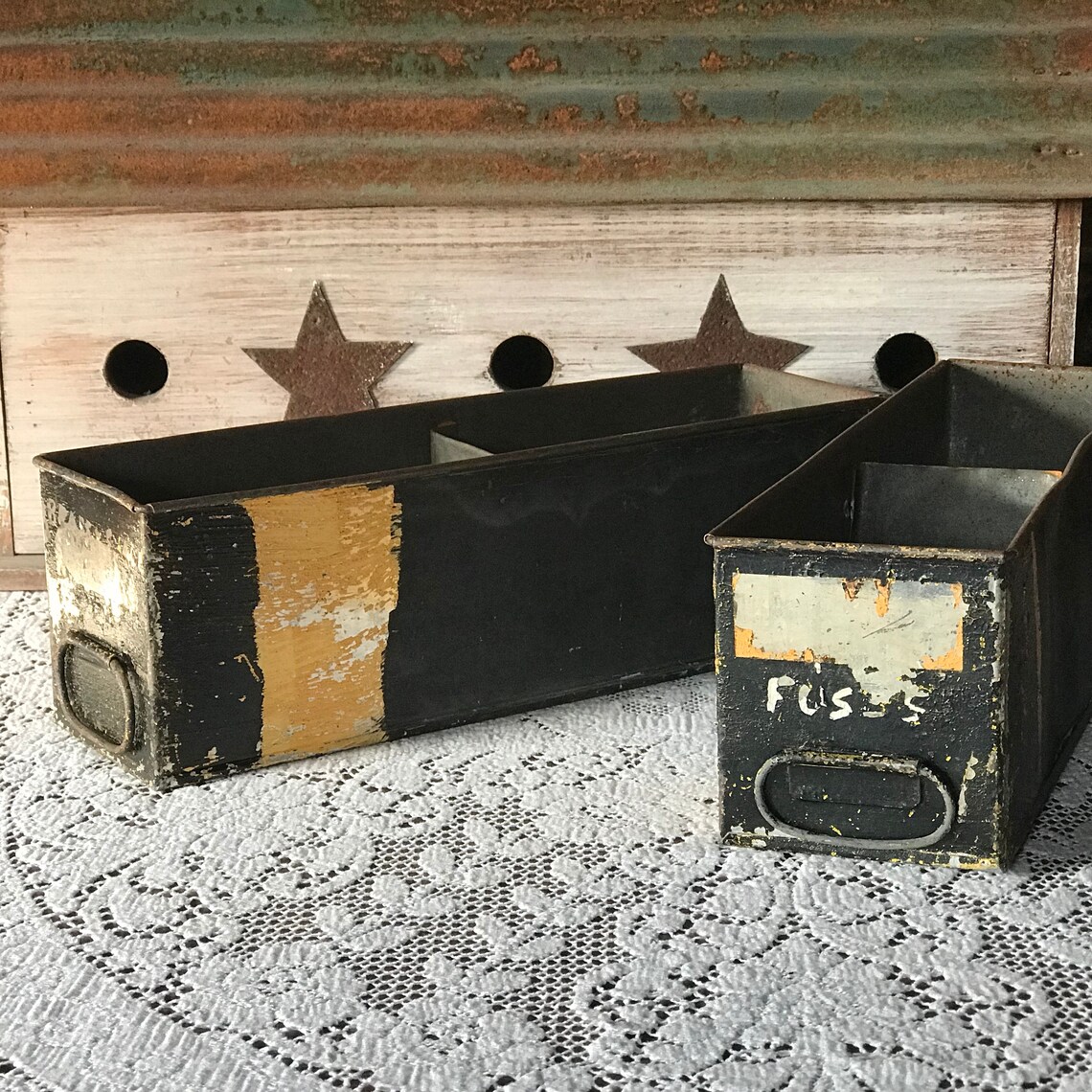 2 Vintage Rusty Metal Drawers Divided Shadow Hanging Boxes Organizers ...