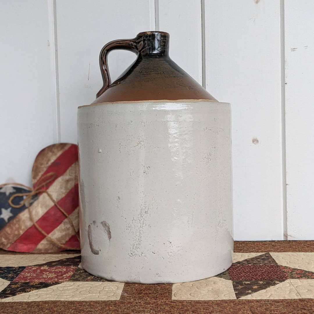 Jug 2 Gallon Dipped Two Tone Stoneware Shoulder Beige Salt Glaze & Dark ...