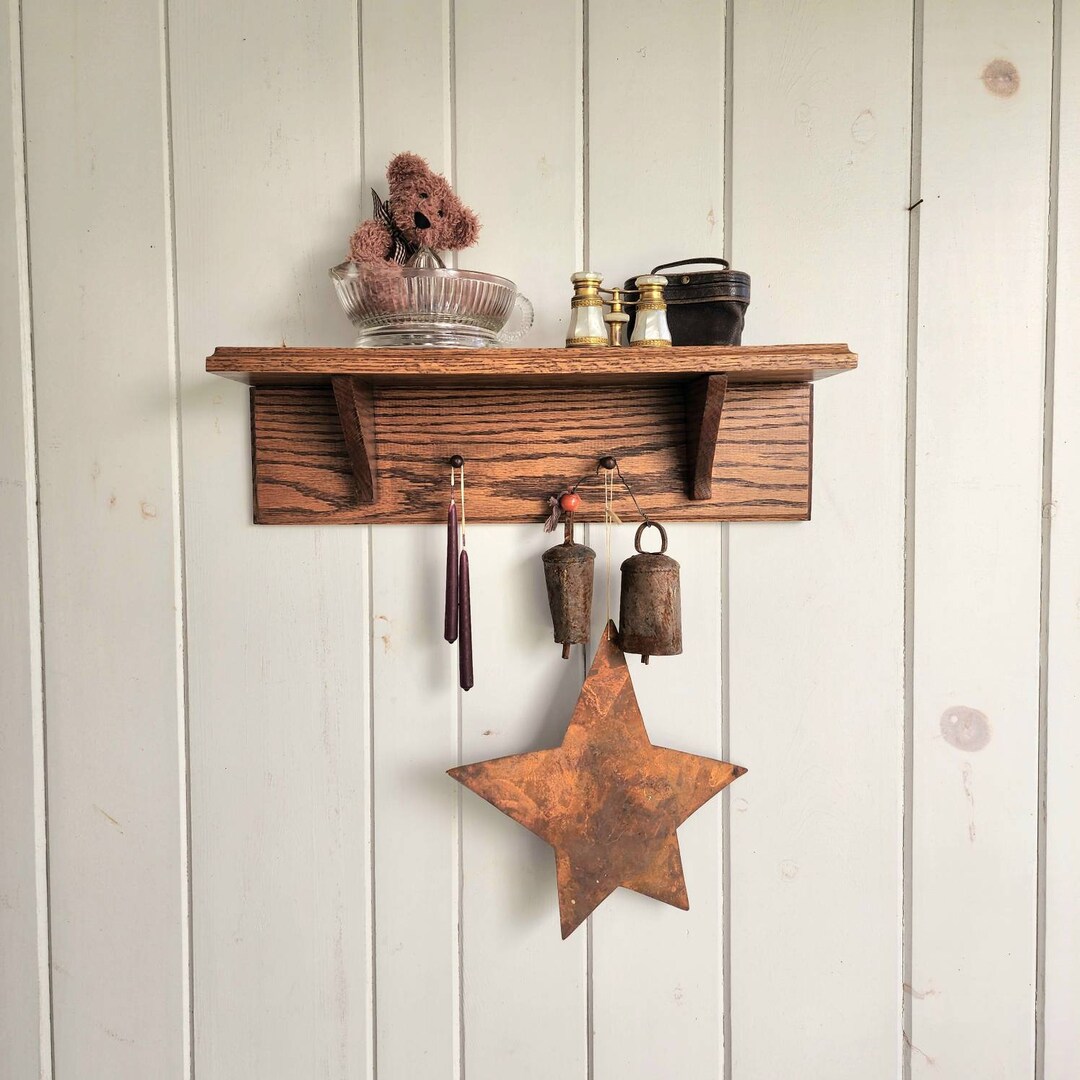 20 1/2" Shaker Style Wall Shelf Solid Oak W 2 Small Pegs Hat Rack ...