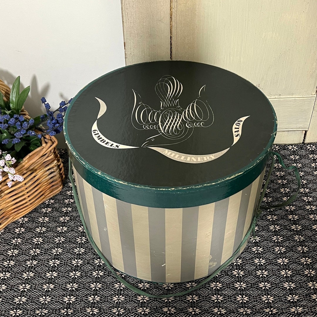 Gimbels Hat Box - Gimbels Millinery Salon Green / Grey Striped With ...
