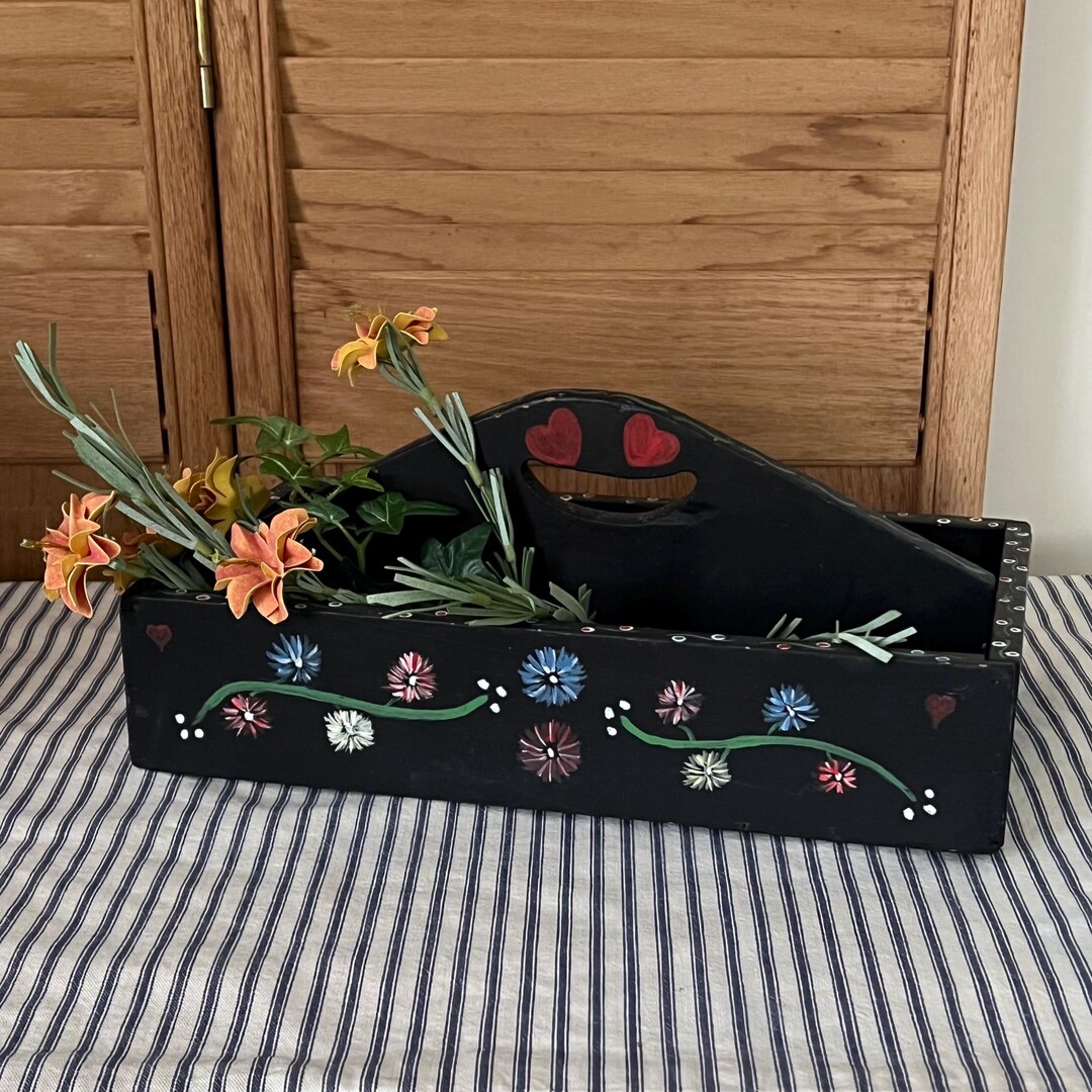 Tool Caddy Carrier Tray Hand Painted Black With Red Hearts and Blue and ...