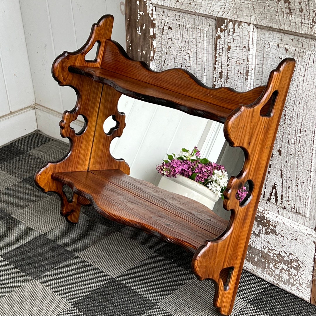 24" X 24" Rustic Wooden Char Wood Wall Shelf Carved Two-tiered With ...