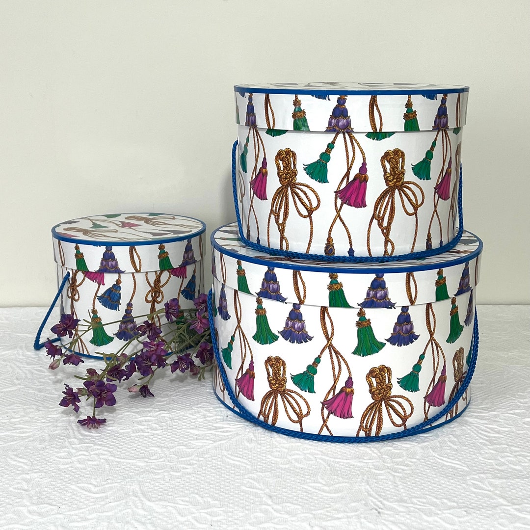 Tassel Motif Nesting Hat Boxes Set of Three Stackable Boxes With Lids ...