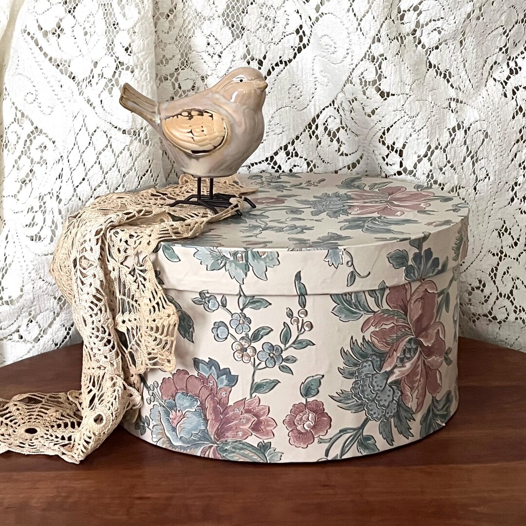 Medium Floral Hat Box - Pink Blue Green Flowers Storage Box 11 3/4" X 6 ...