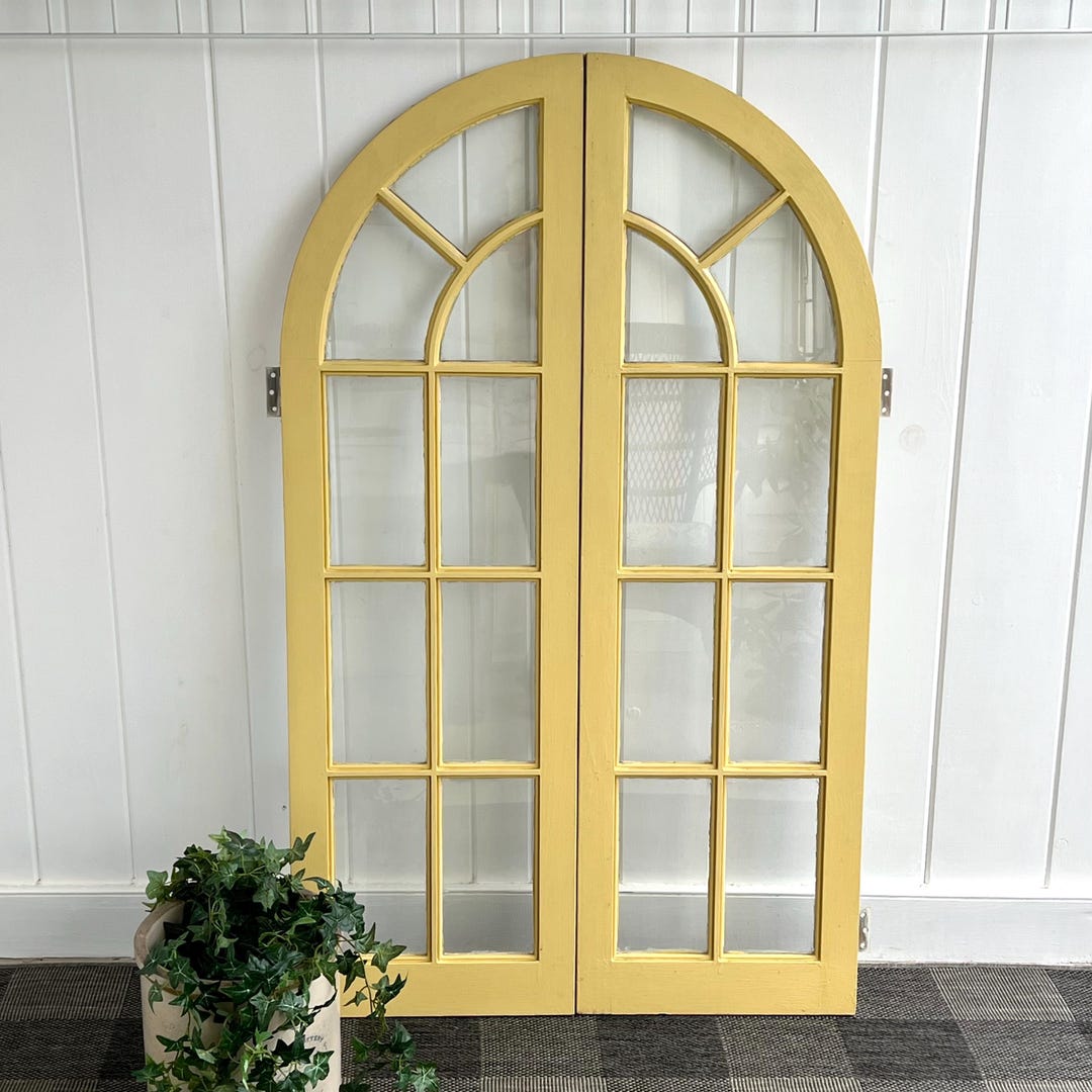 Arched Top 18 Pane Glass Windows - Gold / White 9 Panes Each Side - 49 ...
