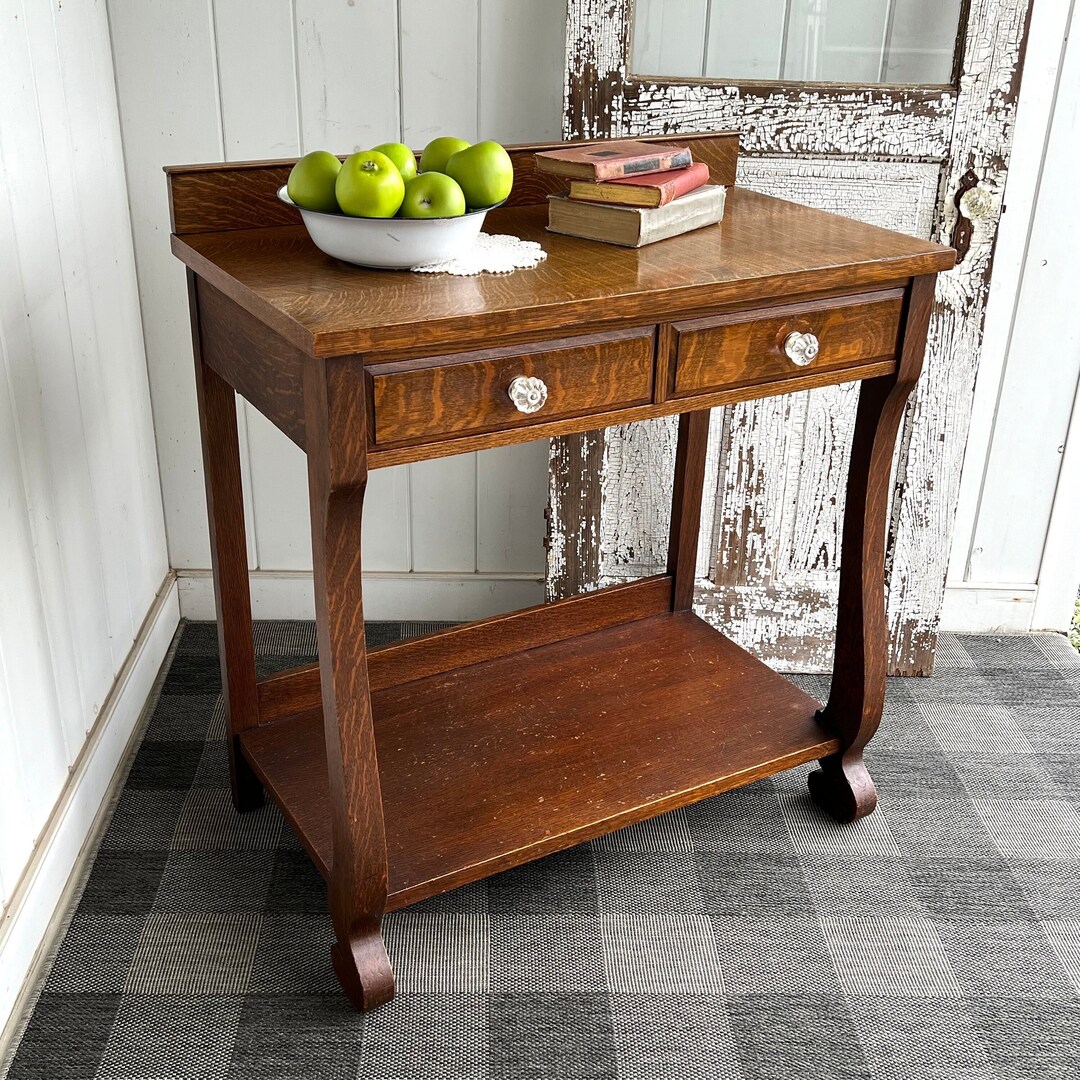 Tiger Oak Console Serving Table Sideboard With a Bottom Shelf Library Table 36 1/4” Wide X 19 1/ ...