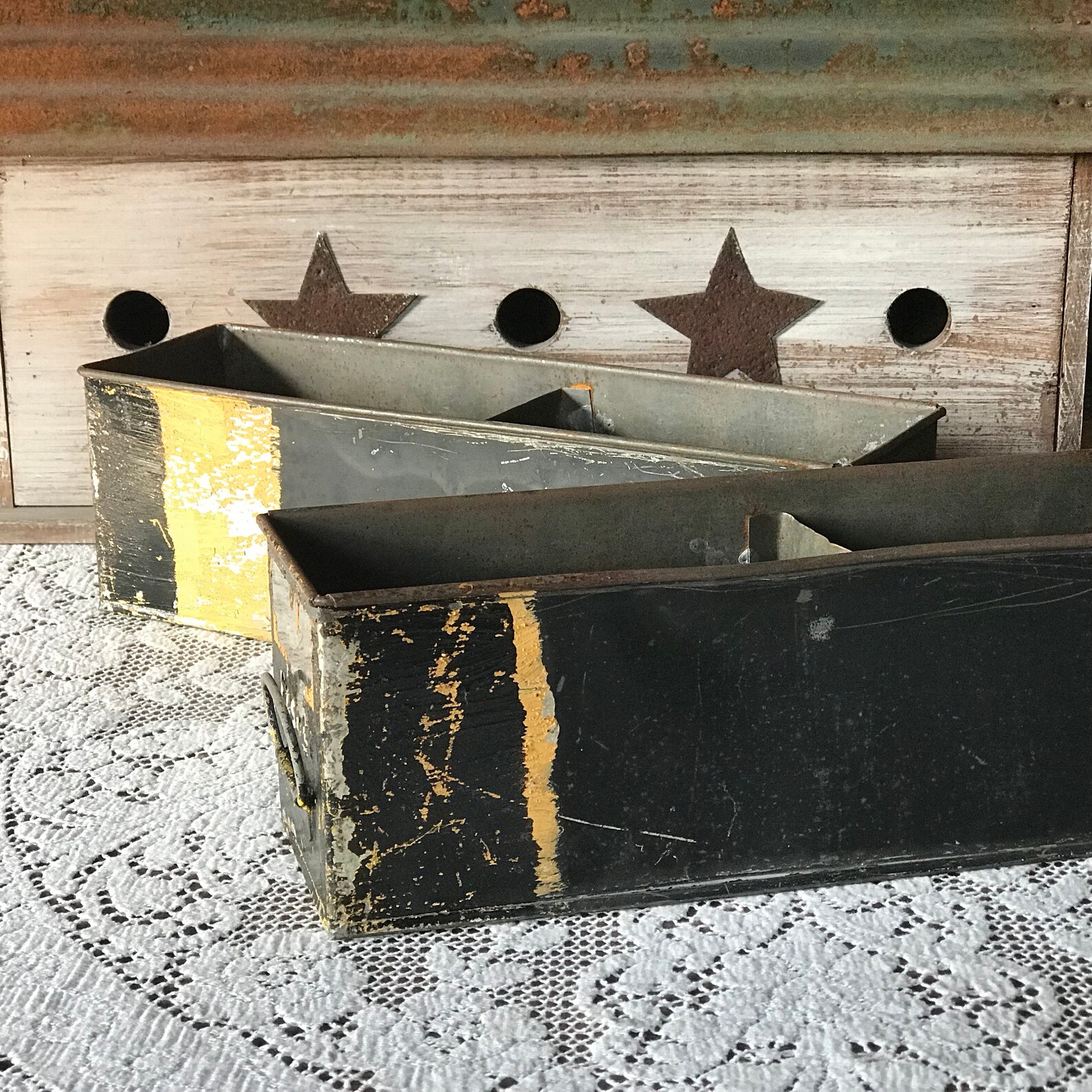 2 Vintage Rusty Metal Drawers Divided Shadow Hanging Boxes Organizers ...