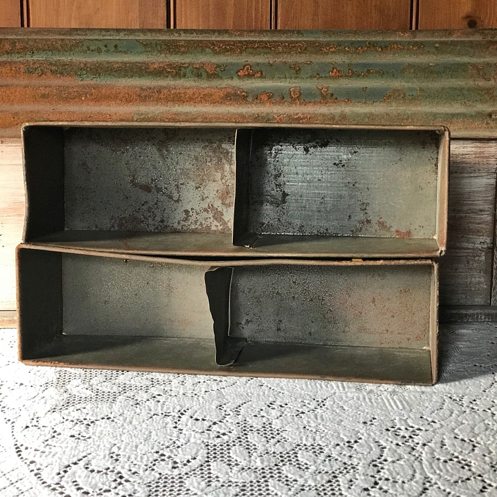 2 Vintage Rusty Metal Drawers Divided Shadow Hanging Boxes Organizers ...
