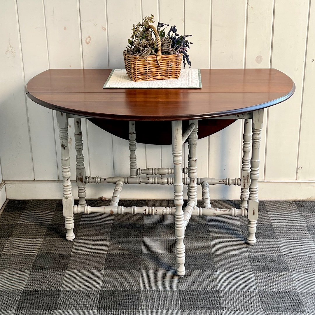 48" Round Dropleaf Gateleg Table Dark Walnut Top and Drawer With Gray ...